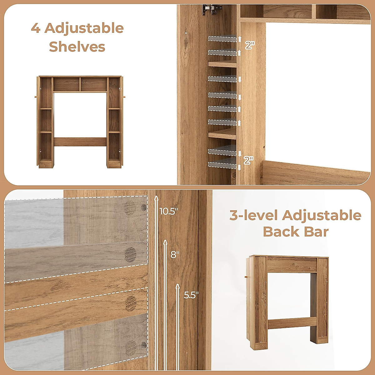 LOKO Over The Toilet Storage Cabinet, Freestanding Above Toilet Organizer with Double Doors, 2 Open Compartments & 4 Adjustable Shelves, Bathroom Space Saver, Laundry Room Storage Rack (Natural)