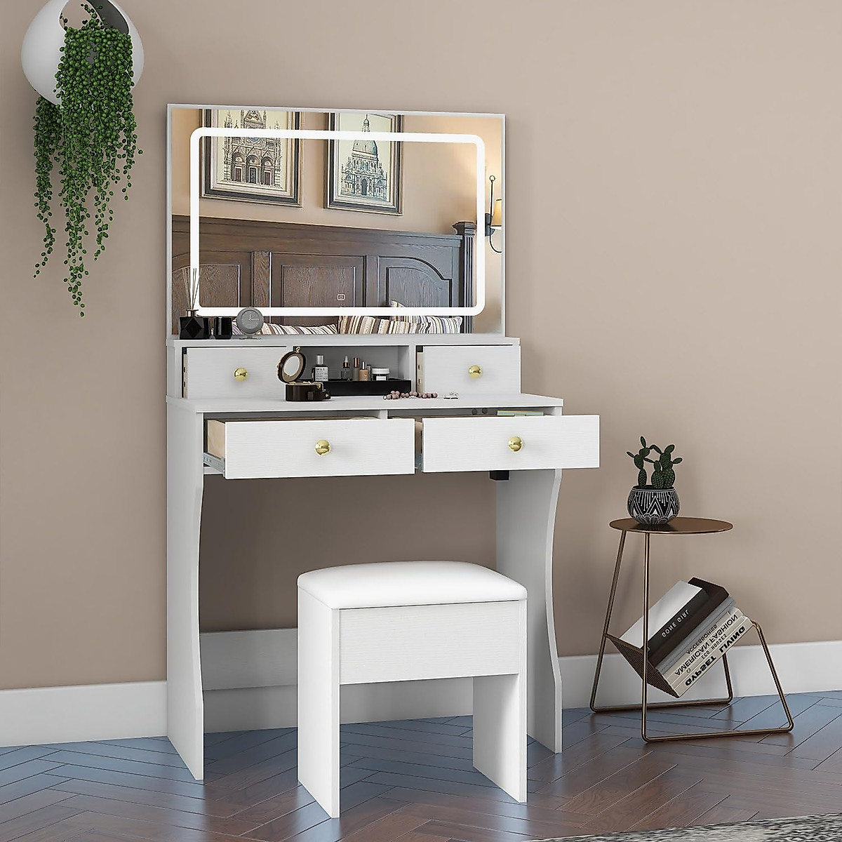 Vanity Desk Set with Adjustable LED Lighted Mirror, Girls Makeup Dressing Table with Stool and 4 Drawers Storage Makeup Table with Power Outlet for Bedroom (White)