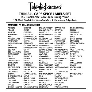 Talented Kitchen 145 Spice Labels Stickers, Clear Spice Jar Labels Preprinted for Seasoning Herbs Kitchen Spice Rack Organization, Water Resistant, Black All Caps