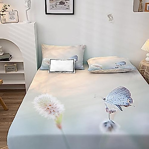 Butterfly Sheets Full Size, Dandelion Plant Bed Sheets, Patterned Bedding Sheets & Pillowcases 4 Piece Set - Soft Microfiber Deep Pocket Fitted Sheet & Flat Sheet & 2 Pillow Cases K6-&-126