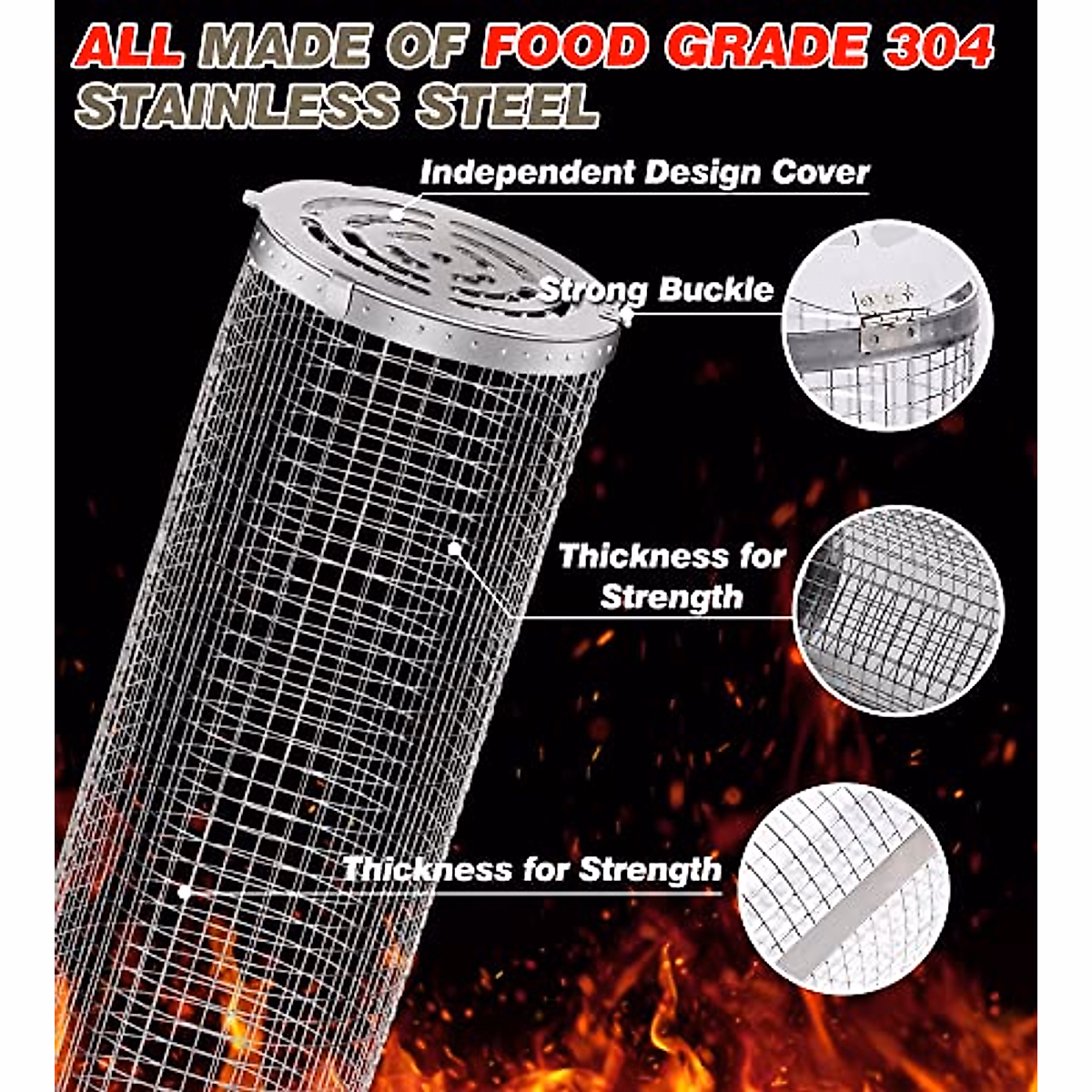Rolling Grilling Baskets for Outdoor Grill Bbq Net Tube Stainless Steel Large Round Mesh Barbecue Cylinder Cage Cooking Accessories for Veggies Vegetable Fish Camping, Gift for Men Dad Husband Him Father Papa Best Friend New Home Hoursewarming House