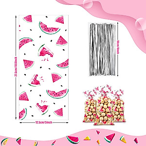 Zonon 100 Pieces Watermelon Treat Bags cellophane bags watermelon party bags Plastic Candy Bag Pink with 100 Silver Twist Ties for Summer Beach Watermelon Birthday Party Baby Shower Supplies