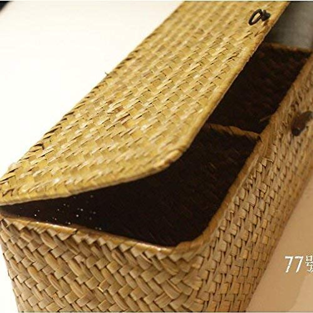 3 Grids Hand-Woven Water Hyacinth Baskets With Lid, Straw Storage Basket