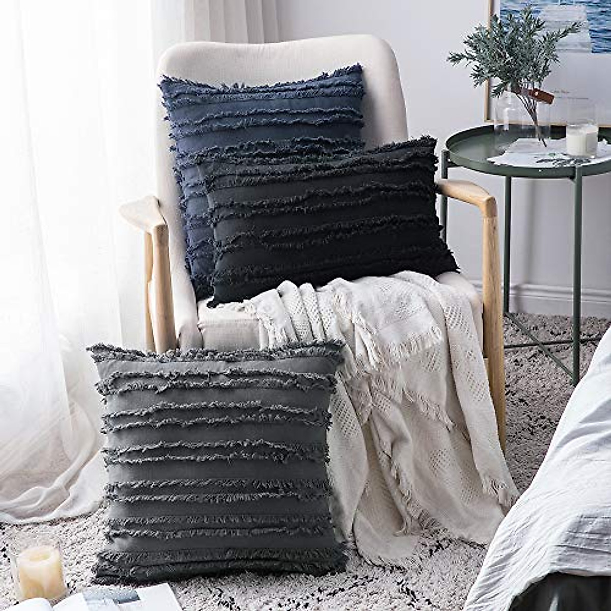 MIULEE Set of 2 Decorative Boho Throw Pillow Covers Linen Striped Jacquard Pattern Cushion Covers for Sofa Couch Living Room Bedroom 18x18 Inch Dark Grey