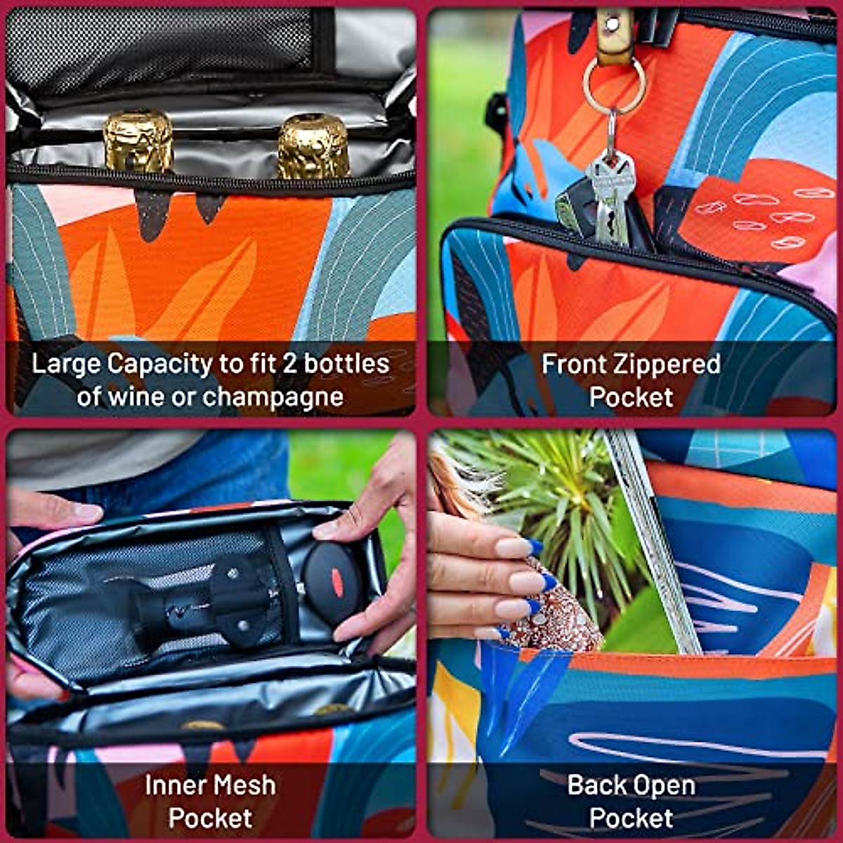 Champagne & Wine Tote Bags for 2 Wine Bottles – Insulated Wine Carrier Bag with 3 Storage Pockets, Detachable Shoulder Strap & Carry Handle – Leakproof, Waterproof Wine Cooler Bag – Sunny Side