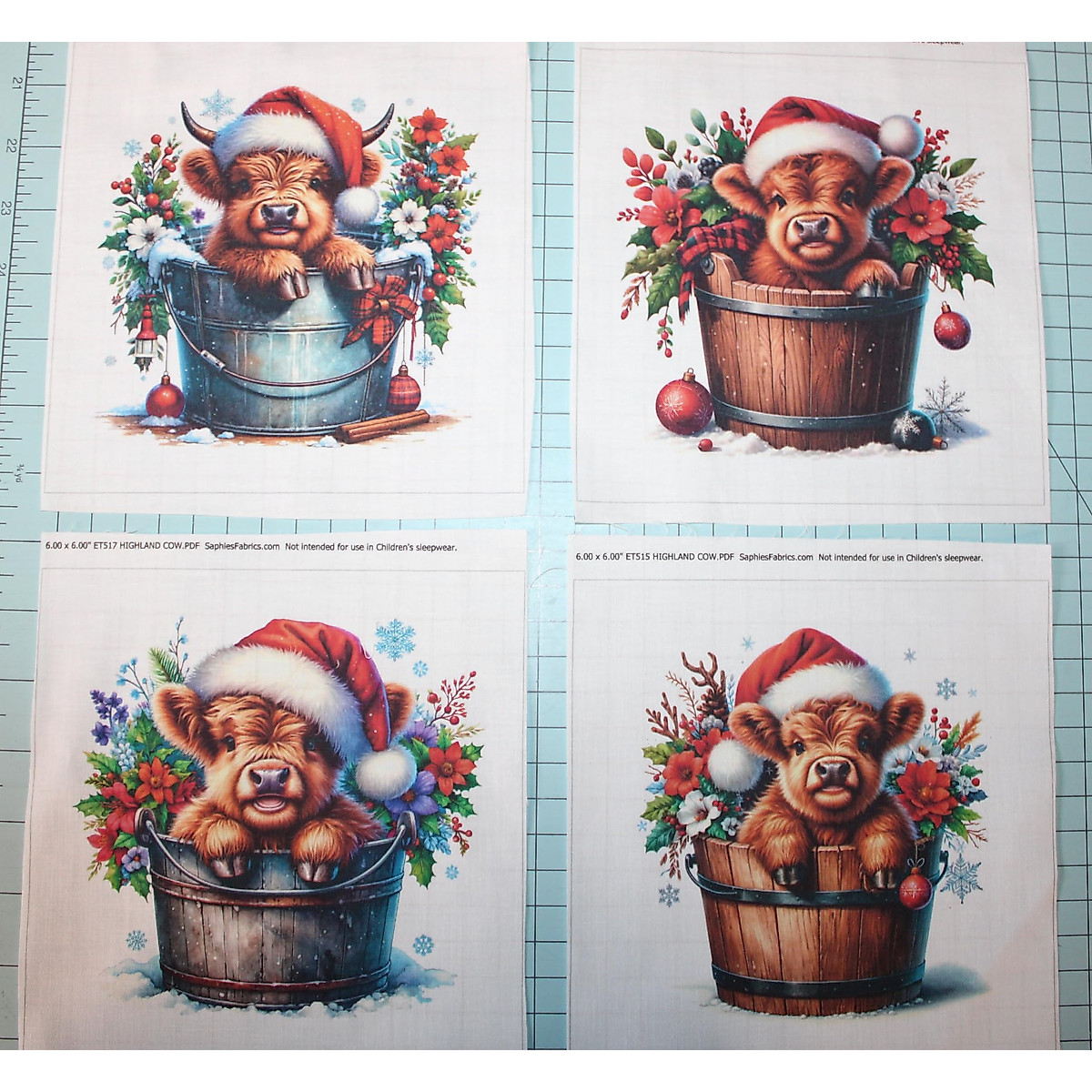 4 Piece 6"x6" Christmas Highland Cows 100% Cotton Fabric Panel Squares - Quilting Sewing Blocks