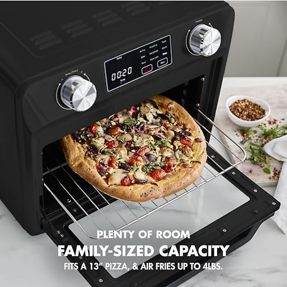 GreenPan Bistro Matte Black 9-in-1 Air Fry Oven, Nonstick Baking Pan, Stainless Steel Rack, and Basket, Fast Heating, Multifunction Presets, Cool-Touch Handle, PFAS-Free, Easy Cleanup Crumb Tray