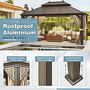 MELLCOM 10' x 13' Hardtop Gazebo, Galvanized Steel Metal Double Roof Aluminum Gazebo with Curtains and Netting, Brown Permanent Pavilion Gazebo with Aluminum Frame for Patios, Gardens, Lawns