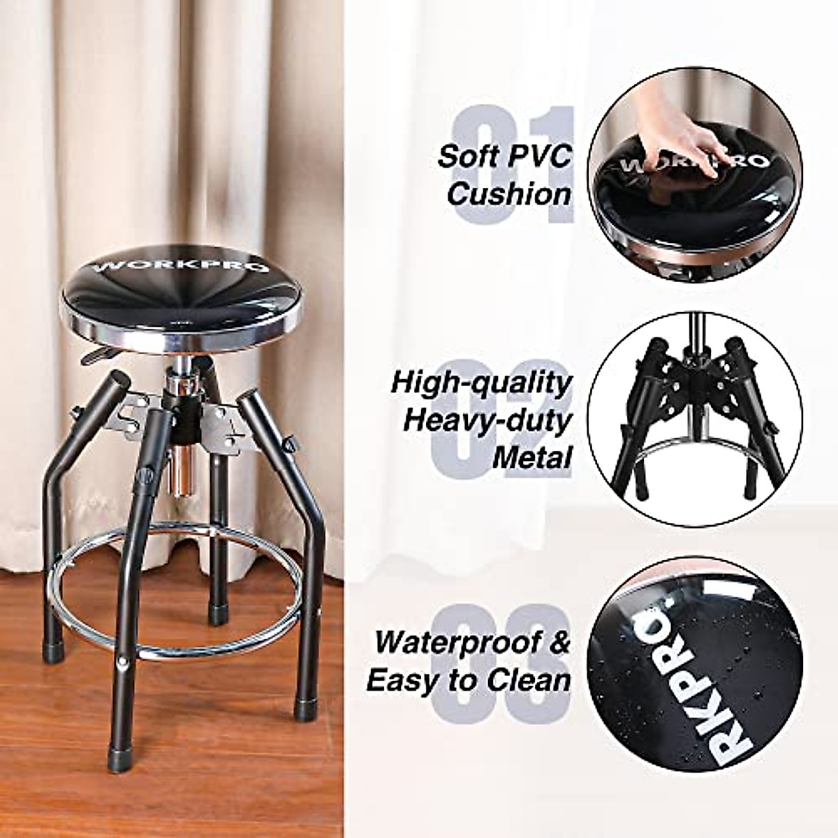 WORKPRO Heavy Duty Adjustable Hydraulic Shop Stool,Garage Bar Stool, 29in to 33.86in, 330-Pound Capacity, Black