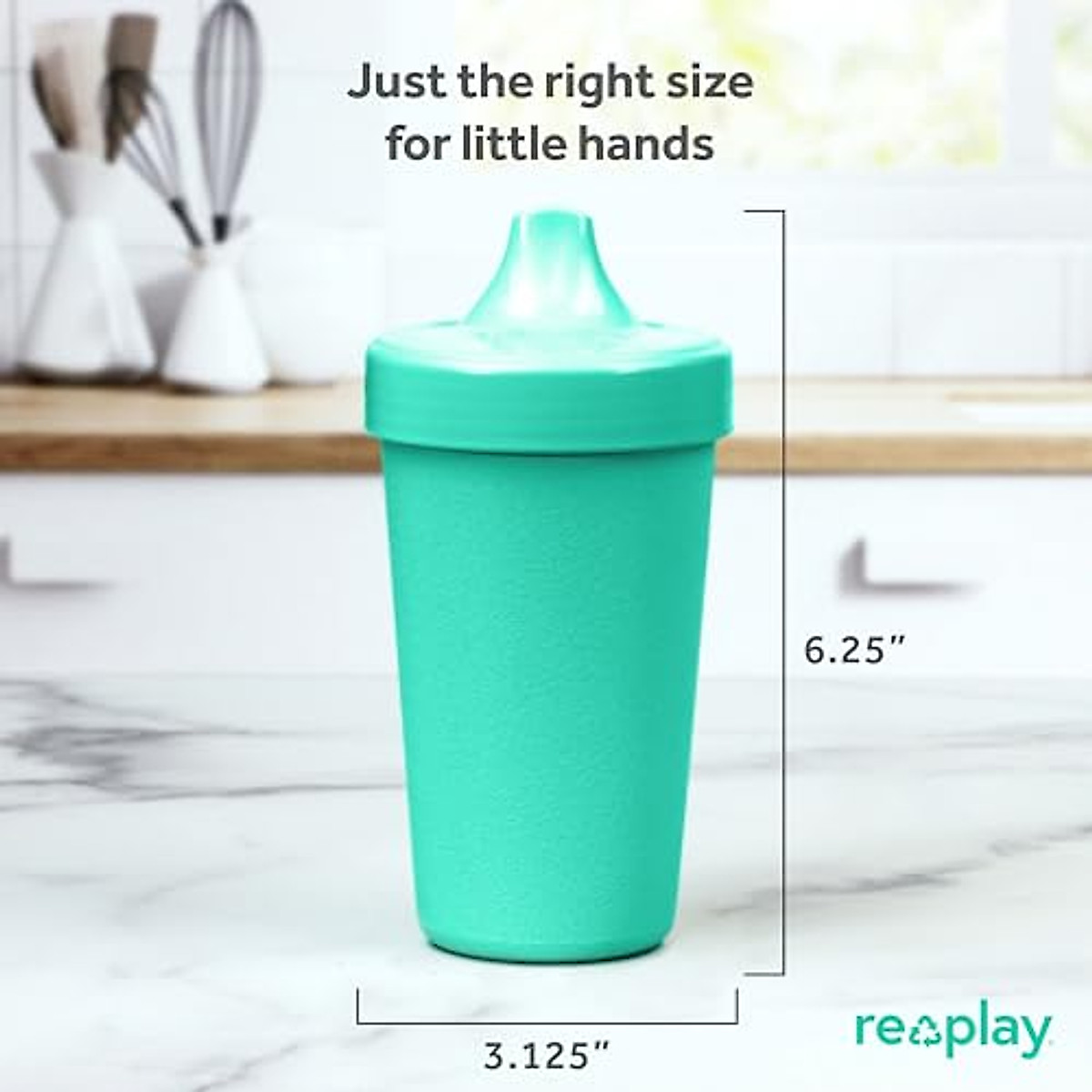 Re-Play Made in USA 10 Oz. Sippy Cups for Toddlers, Set of 3 - Reusable Spill Proof Cups for Kids, Dishwasher/Microwave Safe - Hard Spout Sippy Cups for Toddlers 3.13" x 6.25", Modern Mint