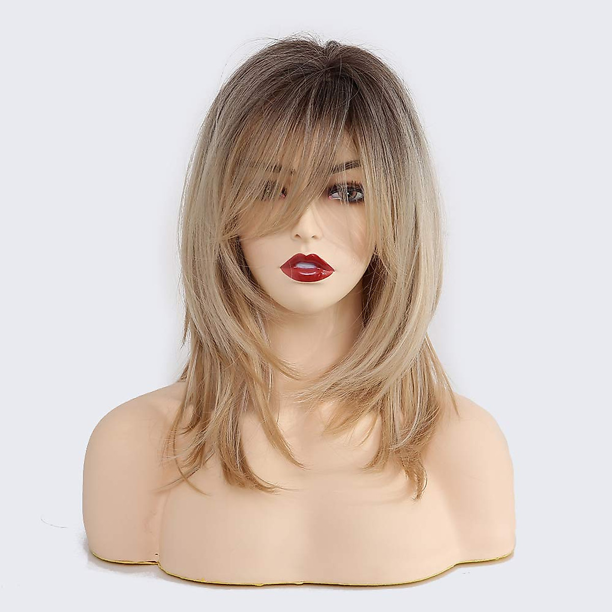 HAIRCUBE Blonde Wigs Shoulder Length Layered Wigs Long Curly Wigs for Women 18 Inch Wigs with Bangs