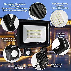 UNUSROOM 2 Pack 50W LED Flood Light Outdoor,7000LM LED Security Lights Motion Sensor Light Outdoor,6500K, Outdoor Floodlights,Plug in Motion Light Outdoor,Motion Detector Flood Light for Garage, Yard