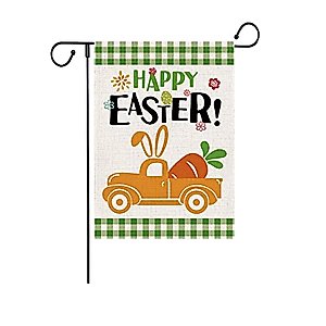 Happy Easter Truck Garden Flag, Spring Vertical Double Sized Burlap Flag for House Yard Outdoor Decor 12.5 x 18 Inch
