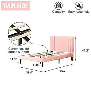 Daznzn Twin Platform Bed Frame with Headboard and No Box Spring Needed, Velvet Upholstered Bed Frame with Strong Wood Slats Support, Noise Free, Strong Weight Capacity, Easy Assembly, Pink