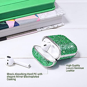 Imguardz AirPods Case for Women Girls, Luxury Bling Case for AirPods 2nd Generation, Glittery Leather Hard Protective Cover with Keychain Compatible with Apple AirPods 2 & 1 (Front LED Visible), Green