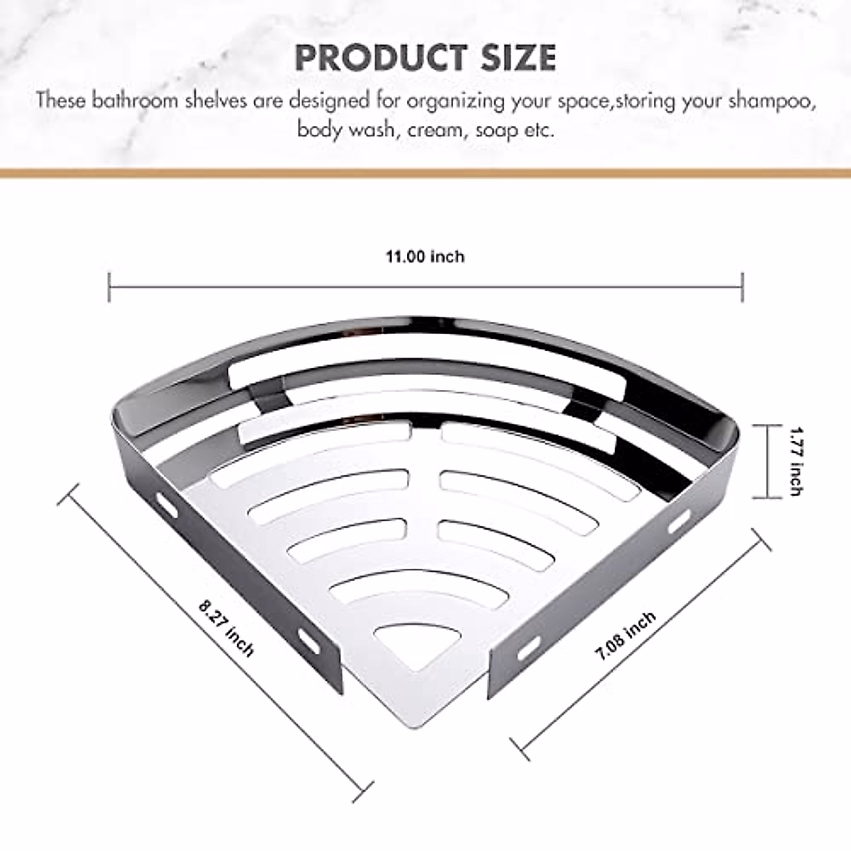 KULED Corner Shower Caddy, Adhesive Bathroom Shower Corner Shelves, 1.77inch Height Rustproof Stainless Steel Shower Organizer, Silver Polished Shower Shelf with 3 Adhesives