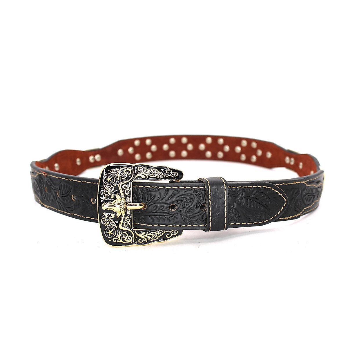 West Star Texas Mens Women Western Cowboy Thick Leather Belt Longhorn Horse Rooster Cowboy Prayer Sheriff Star Emblem 111E Rooster BK Floral L