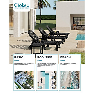 Chaise Lounge Chair Outdoor with Wheels, Double Cup Holders Adjustable 5-Position Chaise Lounge Outdoor with Wood Texture, Patio Lounge Chair for Poolside Backyard, Black