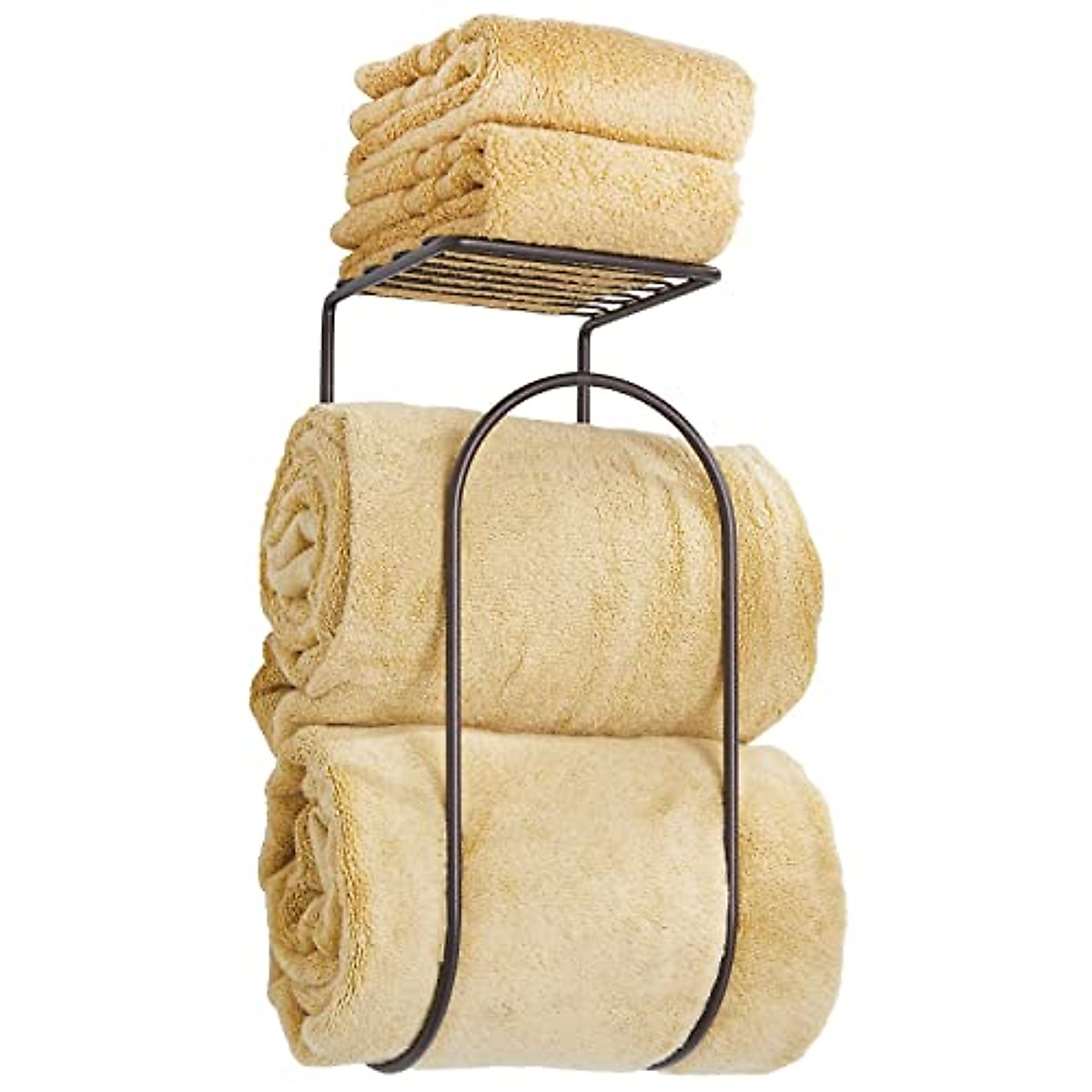 mDesign Modern Metal Wire Wall Mount Towel Rack Holder and Organizer with Storage Shelf - for Bathroom Towels, Washcloths, Hand Towels - Decorative Curved Design - Bronze