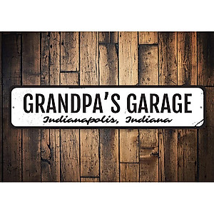 Grandpa's Garage Sign, Garage Location City State Sign, Custom Mechanic Man Cave Aluminum Décor - 6 x 24