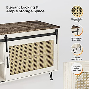 VINGLI Rattan TV Stand for TV's up to 75 Inch Farmhouse Boho Entertainment Center with Sliding Barn Door for Living Room, White, 70(W) x15.8(D) x23.6(H)