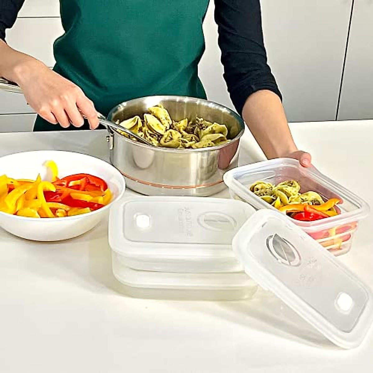 Premium Silicone Collapsible Food Storage Containers with Silicone Leakproof Lids, Clear Platinum Food-Grade, BPA Free, LFGB Certified, Compact, Reusable Lunch Box, Microwave Safe Meal Prep, 4.9 Cups 3 Pk