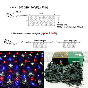 360 LED Net Lights 4th of July Decorations, 20ft x 5ft Red White and Blue Mesh Lights 8 Modes, Waterproof Patriotic Fairy Lights Plug in for Memorial Day Independence Day Yard Garden Outdoor Party