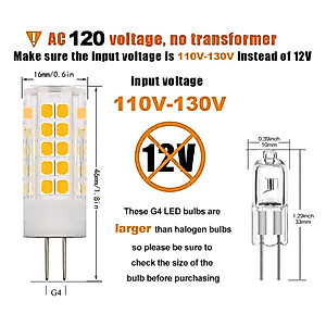 ZHENMING G4 LED Bulbs 110V-130V (Not Low Voltage 12V) G4 Bi-Pin Base Spotlight Lighting Dimmable 5W Warm White 3000K Replace 45W G4 Halogen Lamp, for Under-Cabinet Lights, Ceiling Lights, Pack of 4