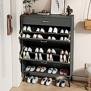 ME2 Shoe Cabinet for Entryway with 1 Slide Drawer & 2 Flip Drawers, Freestanding Shoe Rack Storage Organizer (Grey)