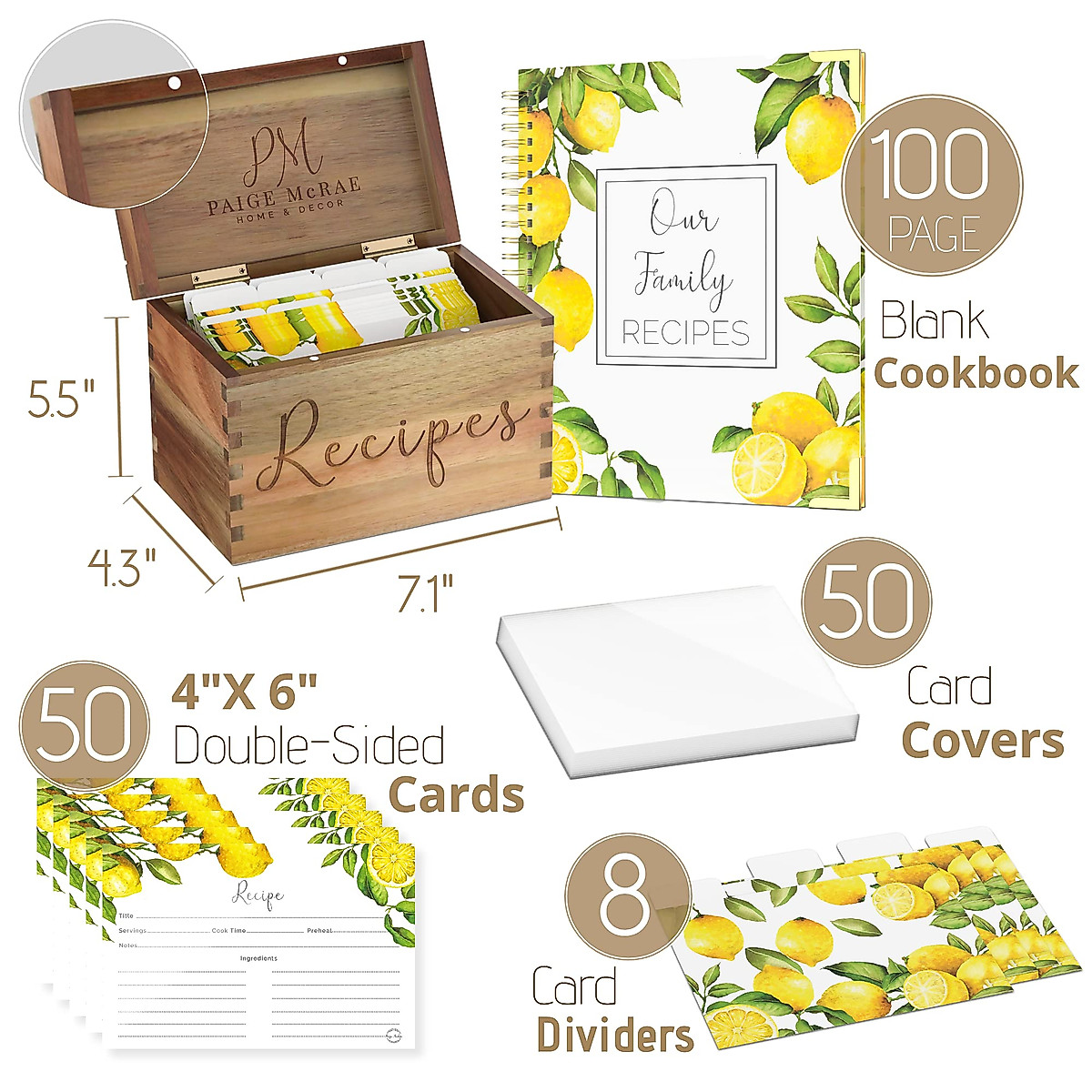 Recipe Box With Cards And Dividers - 50 4x6 Lemon Recipe Cards, Covers & Personalized DIY Book - Large 5x7 Acacia Wooden Recipe Card Holder Set - Engraved Farmhouse Wood Boxes & Organizer for Recipes