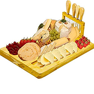 Mondax Premium Bamboo Cheese Board Wooden Charcuterie Platter and Sever Tray with 4 Stainless Steel Knife Thick Fancy Cheese Board Set Kitchen Living-Room House Warming Wedding Ideal
