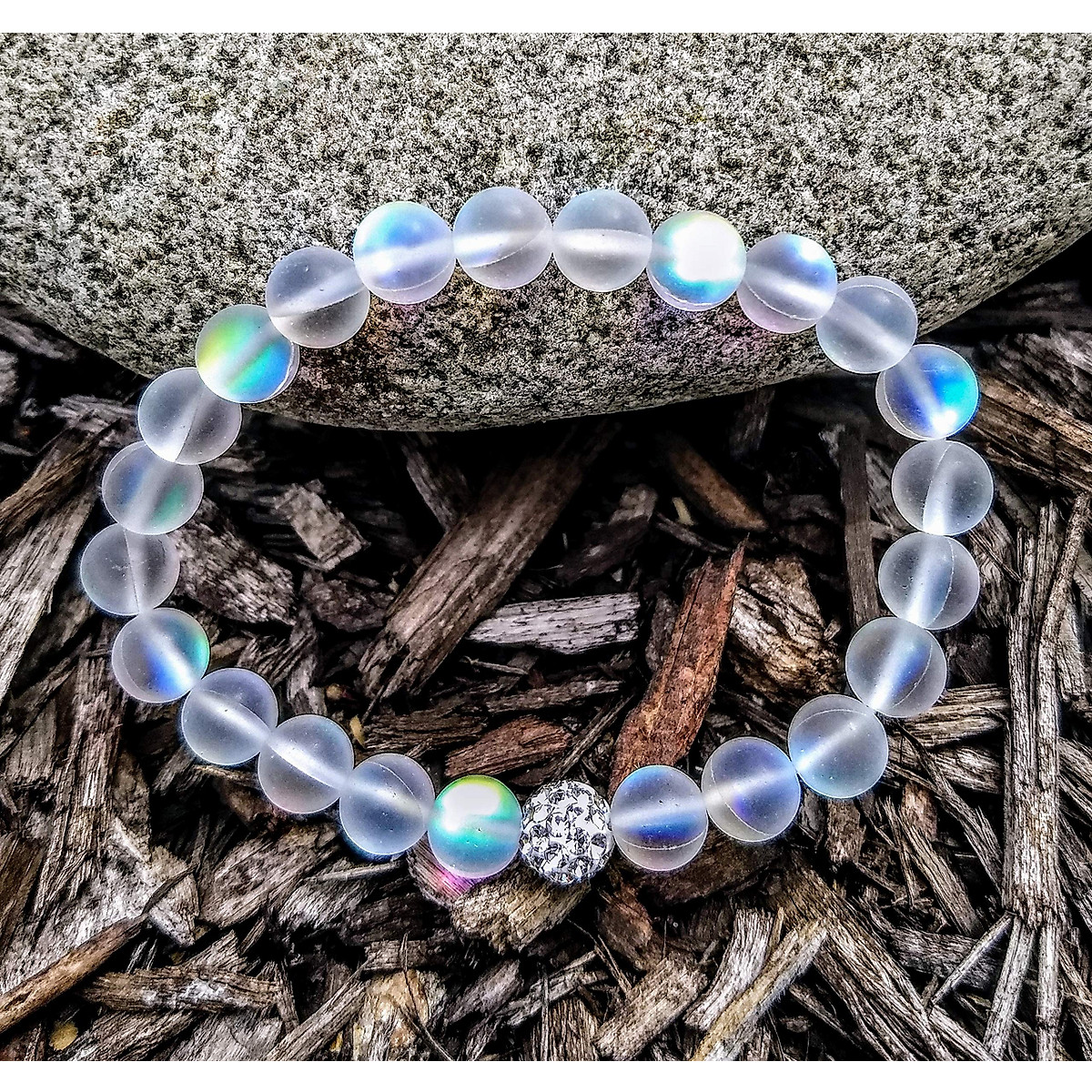 Hope Inspired Mystic Mermaid Glass Friendship Bracelet with 8 mm Frosted White Glowing Moonstone Beads