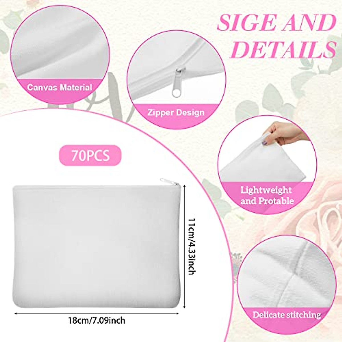 Eccliy 70 Pieces Sublimation Blank Canvas Makeup Bags Bulk Blank DIY Heat Transfer Cosmetic Makeup Bags Canvas Pen Case Pencil Bags Clear Sublimation Blank Pouch with Zipper(White,4.33 x 7.09 Inch)
