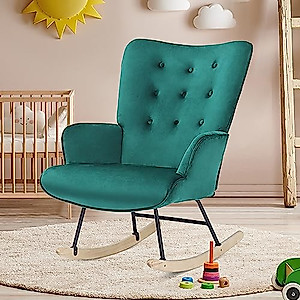 K Knowbody Rocking Chair Nursery, Boho Nursery Glider Rocker Modern Accent Chair for Bedroom, Living Room, Tufted Upholstered Armchair with Linen Fabric, Nursing Chairs for Mom and Baby, Green