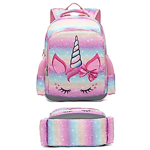 JIANYA Kids Backpack for School Girls Backpack Lunch Box Set Unicorn Preschool Kindergarten Bookbag with Chest Strap