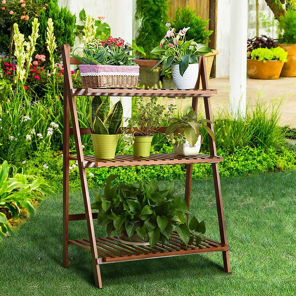 COSTWAY Bamboo Plant Stand, Foldable Multifunctional Flower Display Ladder Shelf, 3-Tier Storage Rack
