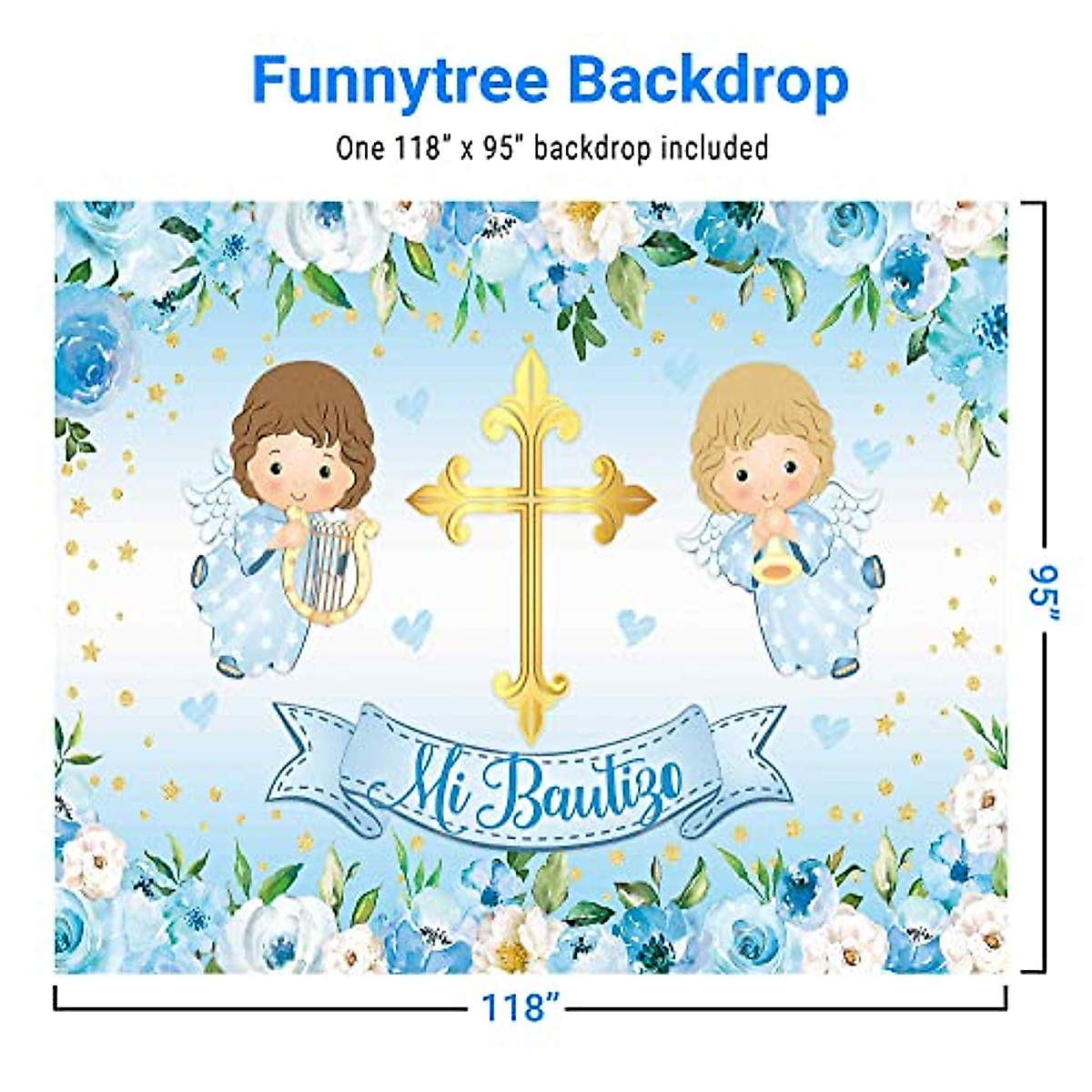 Funnytree 118" x 95" Mi Bautizo Backdrop God Bless First Holy Communion Baptism Christening Boy Party Supplies Baby Shower Angel Flower Background Banner Decor Favors Photobooth Props Gifts Fabric