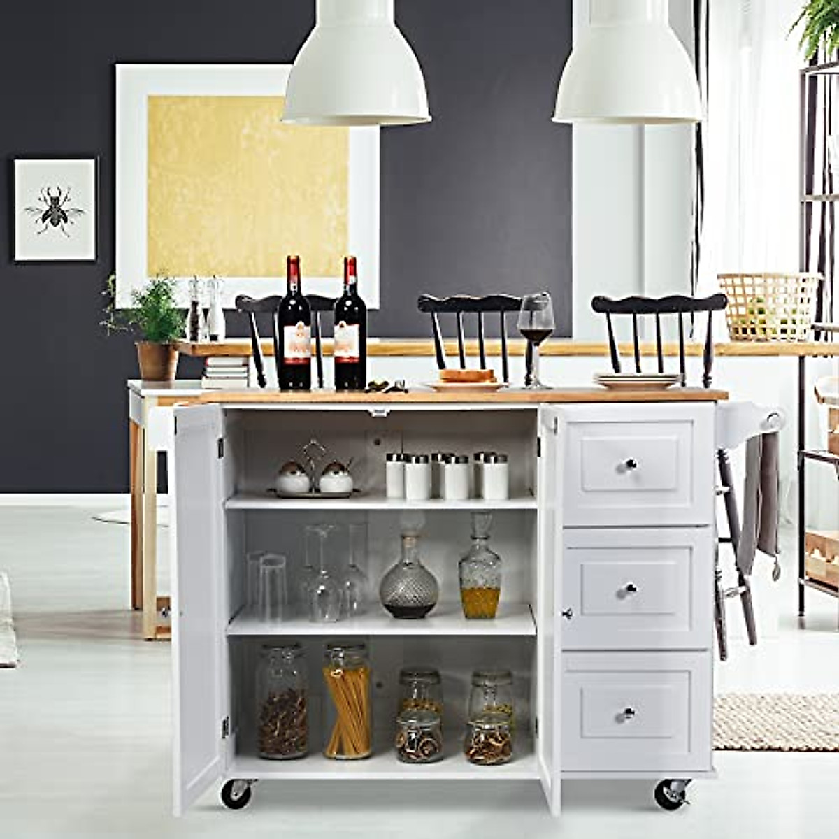 GLACER Kitchen Island Cart on Wheels, Rolling Kitchen Island with Drop Leaf Top, Kitchen Trolley Cart with Drawers, Towel Rack & Bottle Rack, 53.5 x 30 x 36 inches (White)
