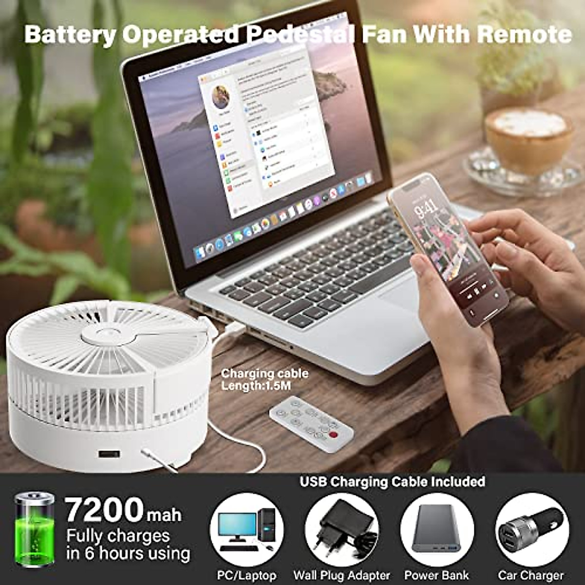 Portable Oscillating Standing Fan with Remote Control Light, Rechargeable Fan Small Desk Fan with Misting Timer 4 Speeds 7200mAh Folding Quiet USB Fan Personal Floor Fan Pedestal Fans for Home Bedroom