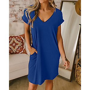 BTFBM Women V Neck Short Sleeve Summer Dresses Beach 2025 Spring Casual Loose Tunic Short T-Shirt Dress Pajamas Pockets(Blue, XX-Large)