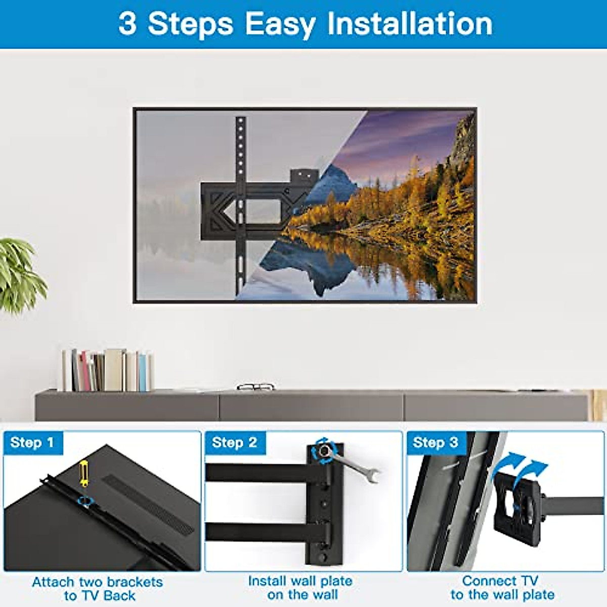 Pipishell Full Motion TV Wall Mount, Heavy Duty Single Articulating Arms TV Bracket for Most 26-60 Inch Flat Curved TVs, Up to VESA 400x400mm and 77lbs, Support Swivel, Tilt, Level Adjustment