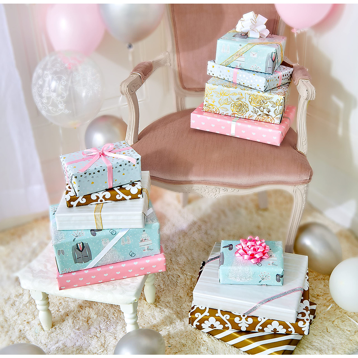 American Greetings Reversible Wedding Wrapping Paper, Bridal Designs (4 Rolls, 120 sq. ft.)