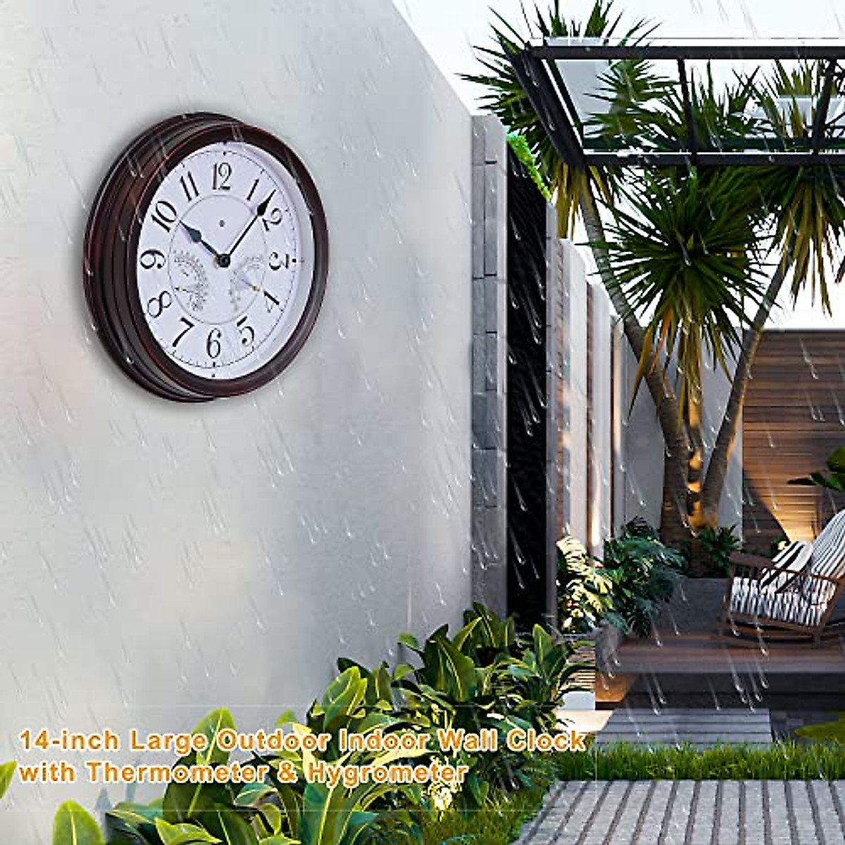 LOMANDA 14 Inch Indoor Outdoor Clock, Large Waterproof Wall Clock with Thermometer Hygrometer, Illuminated by Sound Controlling, Decor for Home, Kitchen, Pool, Patio