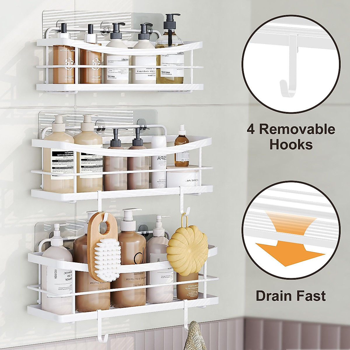 Orimade Adhesive Shower Caddy Shelf with Hooks Organizer Storage Rack Rustproof Wall Mounted Stainless Steel No Drilling for Bathroom, Toilet, Kitchen - 3 Tier, White