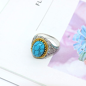 Retro Simulated Oval Turquoise Statement Ring Uniquely Stylish Gothic Hip Hop Punk Promise Crystal Cocktail Ring Party Jewelry Gifts for Women Gold Silver Two Tone