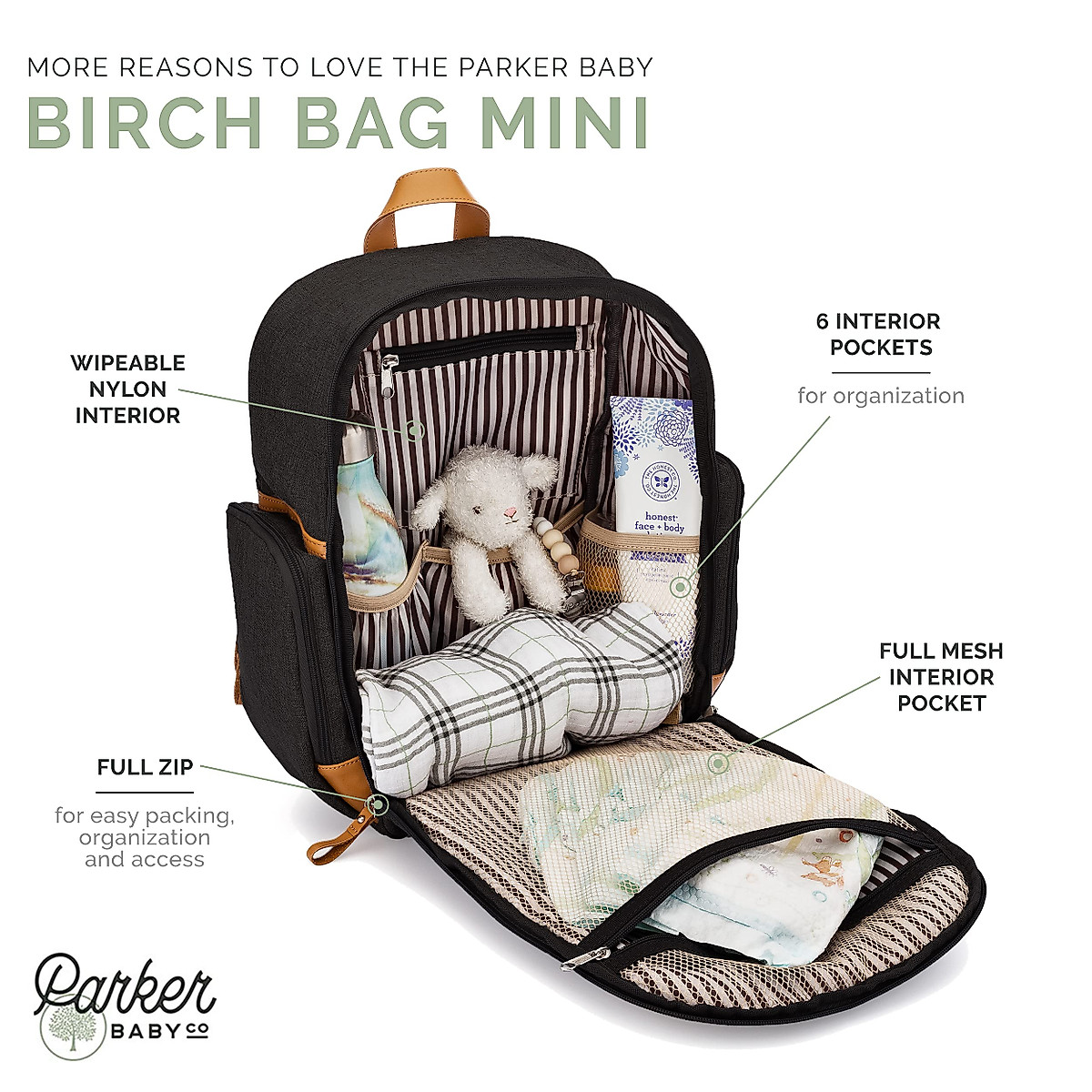 Parker Baby Diaper Backpack - Full Zip Diaper Bag with Insulated Pockets - Black