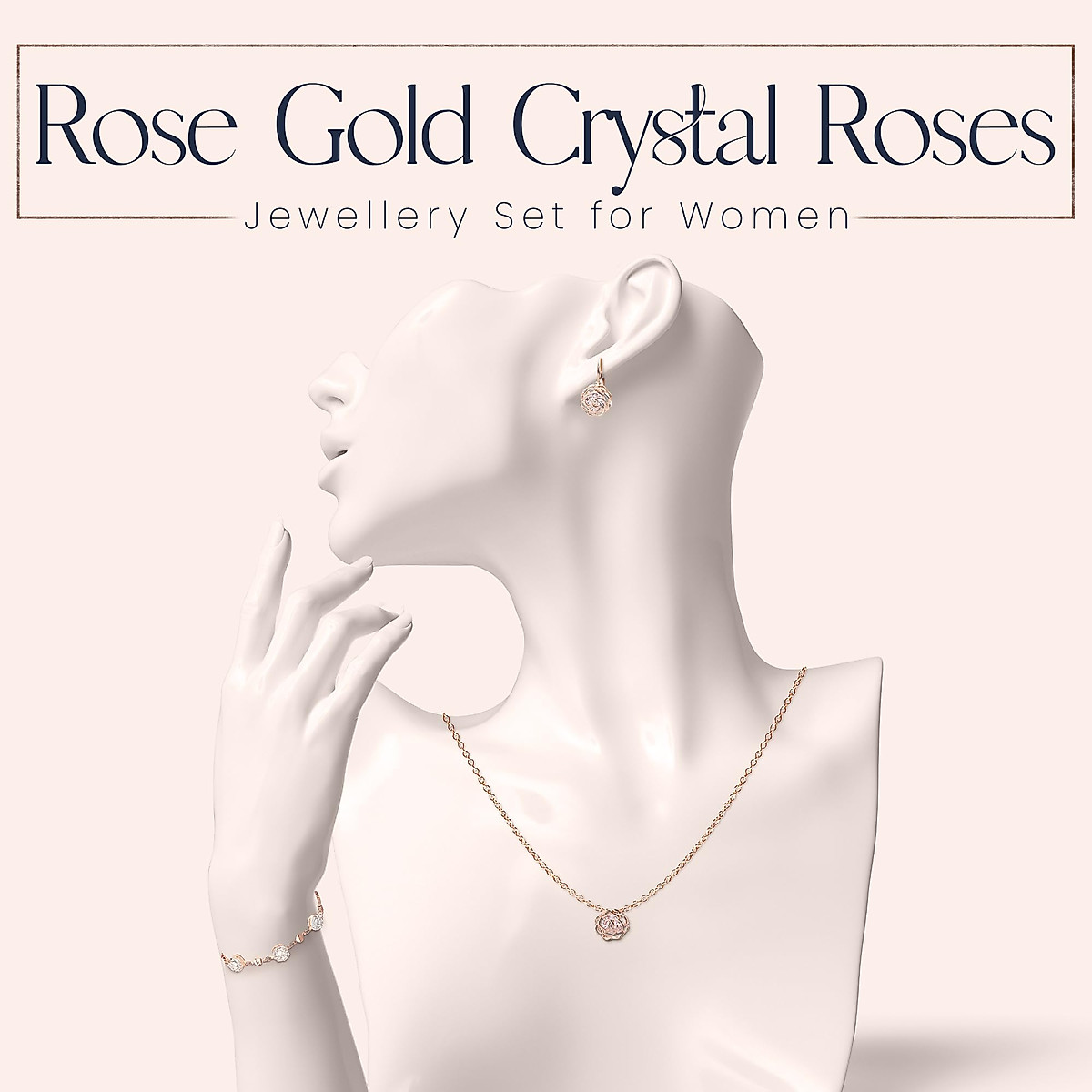 Crystalline Azuria Women 18K Rose Gold Plated White Crystal Roses Flower Set Necklace Earrings Bracelet for Women Wedding Party Bridal Bridesmaid Accessories
