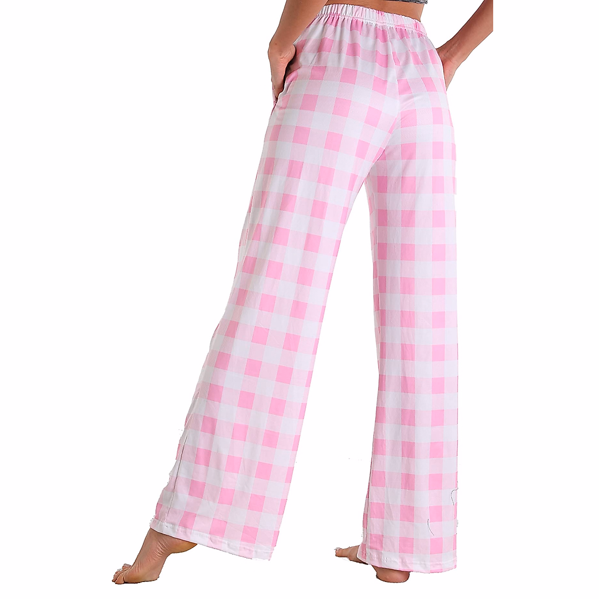 X-Image Women Casual Comfy Elastic Waist Summer Beach Pants with Pockets Loose Wide Leg Cozy Pants Yoga Sweatpants Pink Plaid, S