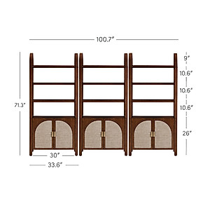 Nathan James Paxton Boho Bookshelf Cabinet with Solid Wood Frame Rattan Bookshelf with Cabinet Base, Arched Bookcase Cabinet for Living Room or Home Office, Dark Acacia, Set of 3