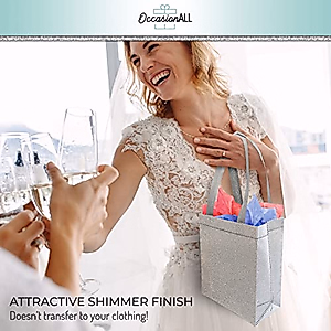 Silver Gift Bags - 12 Pack Medium Silver Reusable Gift Bag Tote with Handles, Glitter Metallic Bling Shimmer, Eco Friendly for Kids Birthdays, Bridesmaids, Party Favors, Grocery Shopping - 8x4x10